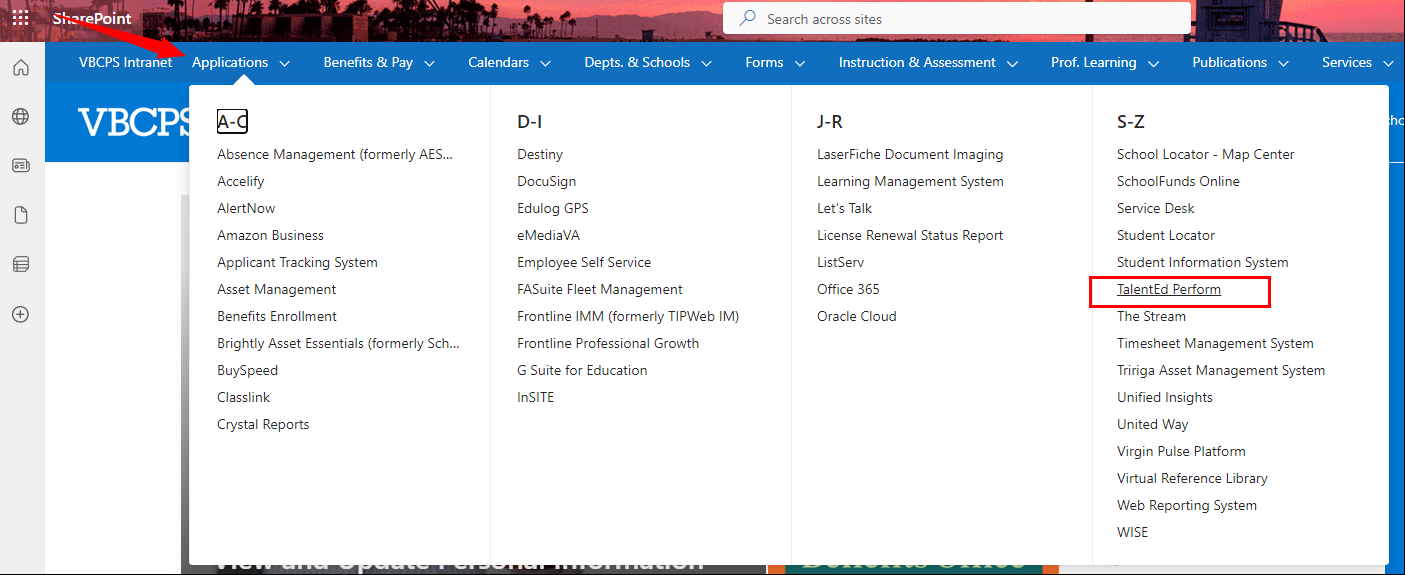 TalentEd Perform Evaluation System Access Page